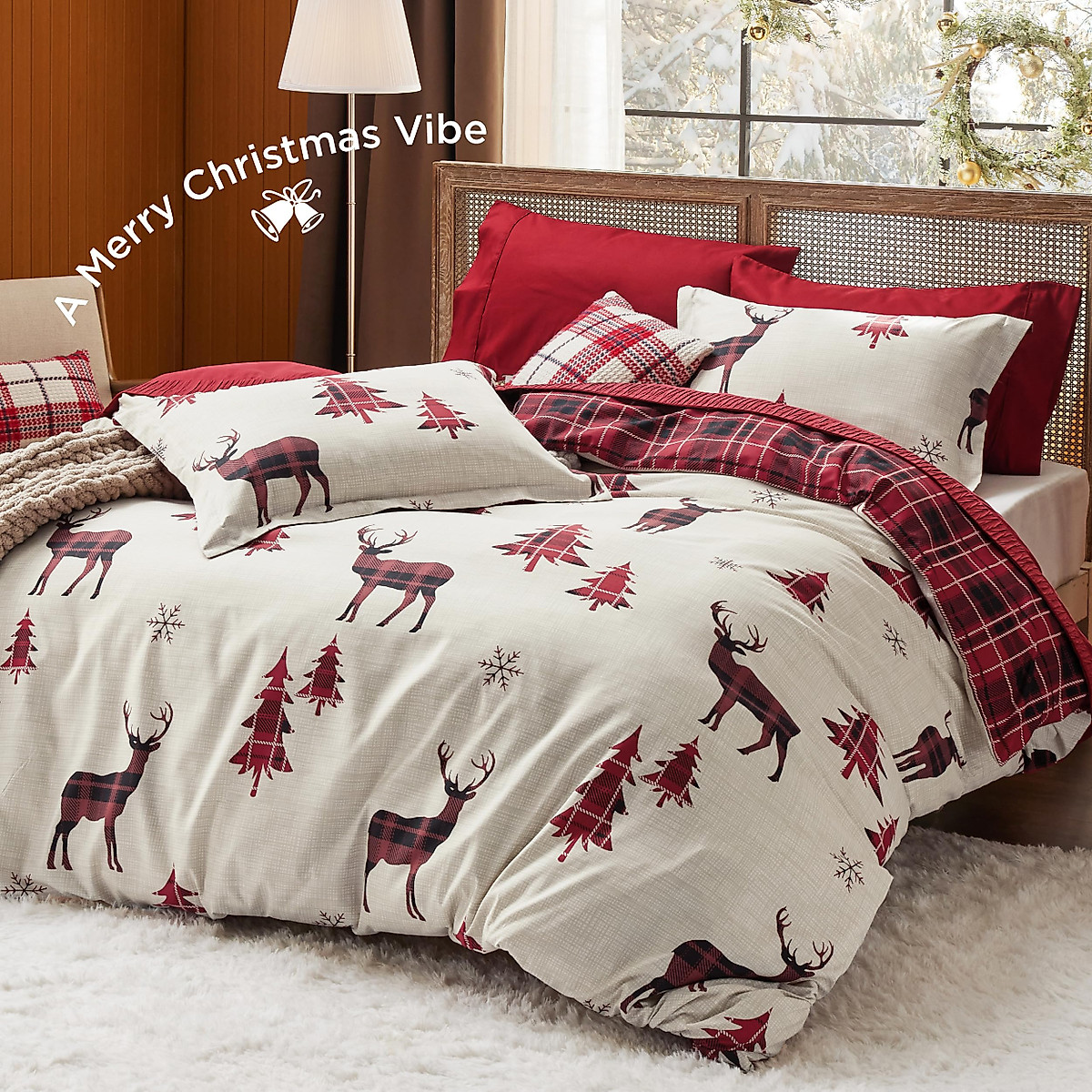 Bedsure Christmas Duvet Cover Queen - Christmas Bedding Queen Size, Reversible Buffalo Check Printed Christmas Plaid Duvet Cover, Includes 1 Duvet Cover and 2 Pillow Shams (Queen, Reindeer)