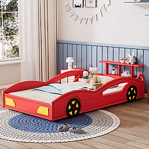 Brabrety Wooden Race Car Bed,Car-Shaped Platform Twin Bed with Wheels.Ideal for Kids and Teenagers' bedrooms (Red#C)