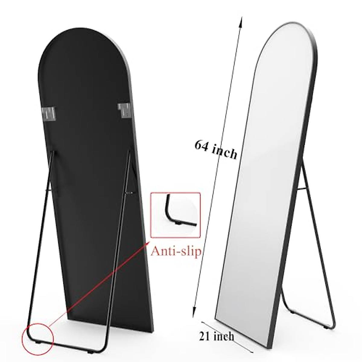 RICHTOP Arched Full Length Floor Mirror 3 Installation-Standing Leaning Hanging, 64x21 Black Big Full Body Mirror for Bedroom Livingroom Dorm, Anti-slip Shatterproof HD