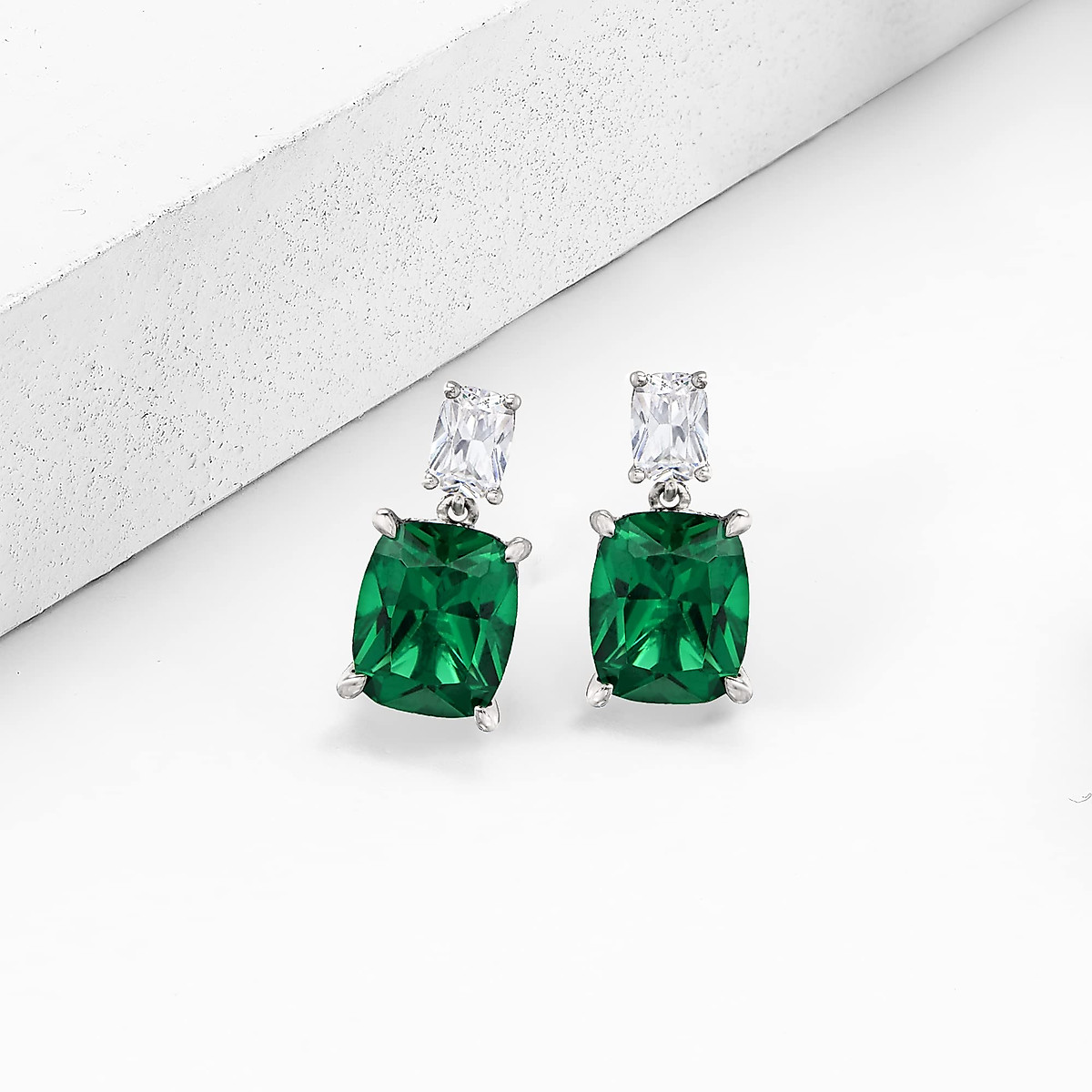 Ross-Simons 8.50 ct. t.w. Simulated Emerald and 1.10 ct. t.w. CZ Drop Earrings in Sterling Silver