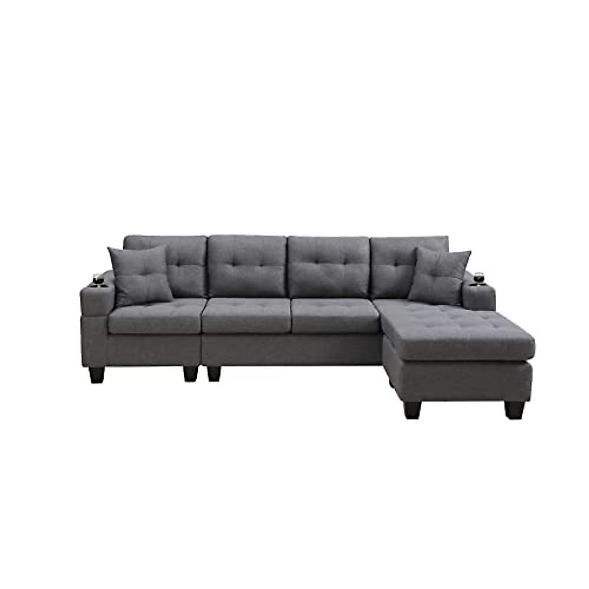 BIADNBZ Reversible Sectional Sofa with Chaise Lounge and Cupholders, L-Shape 4-Seat Couch Furniture for Living Room Apartment, w/2 Pillows, Gray
