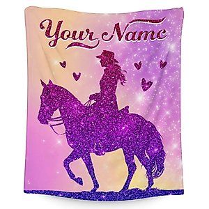 FLEXIMX Personalized Throw Blanket Gifts with Name, Horse Throw Blanket for Kids Girls Women Horse Lovers, Custom 60x50 Inches Pink Blankets Decor for Couch Sofa Bed