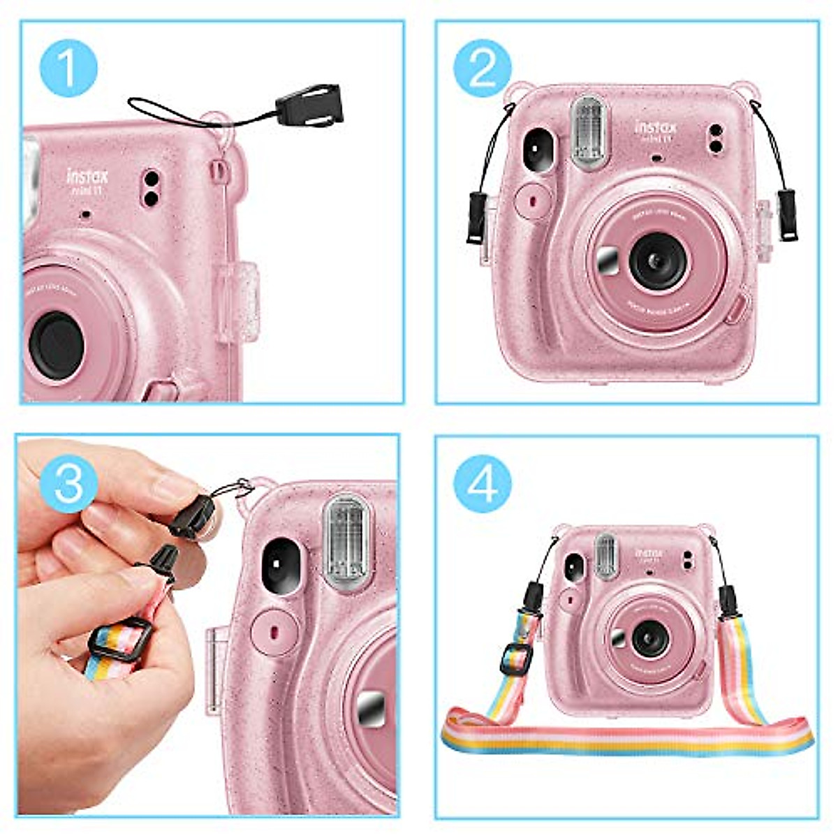 Fintie Protective Clear Case for Fujifilm Instax Mini 11 Instant Film Camera - Crystal Hard Shell Cover with Removable Rainbow Shoulder Strap, Glittering Pink
