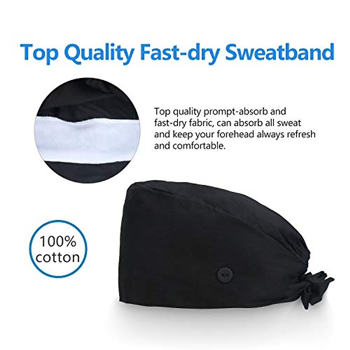 QBA Adjustable Working Cap with Button, Cotton Working Hat Sweatband, Elastic Bandage Tie Back Hats for Women & Men, One Size Black