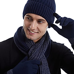 Winter Beanie Hats for Men 3 Pieces Warm Scarf Touchscreen Gloves Set Mens Fleece Lined Knit Cap for Cold Weather