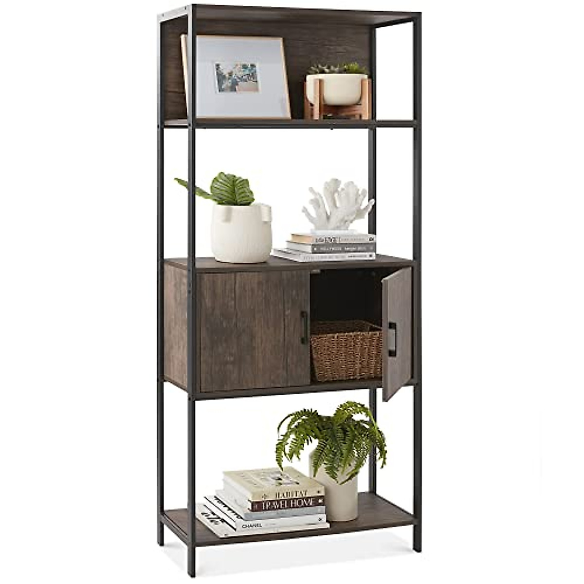 Best Choice Products 4-Tier Bookshelf, Tall Bookcase, Wood Storage Cabinet for Living Room, Bedroom, Entryway, Home Office w/Cabinet, Enclosed Storage, Shelf Space, Metal Sturdy Frame - Dark Walnut