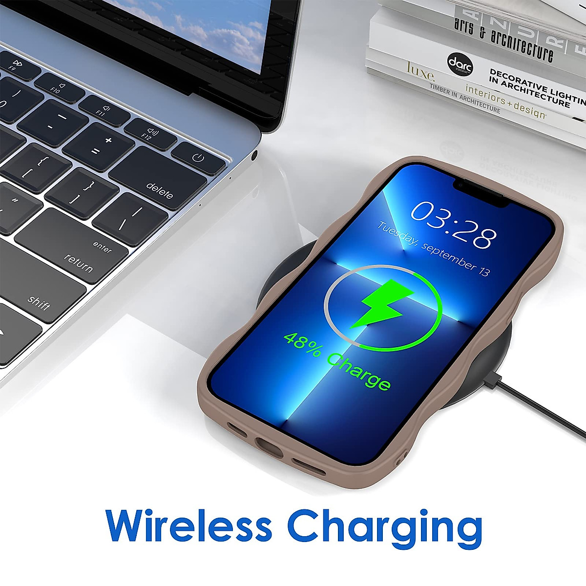 Anuck for iPhone 13 Pro Max Case Wave, Curly Frame Design for Women Girls, Cute Wavy Solid Color Aesthetic Phone Case Soft Flexible TPU Shockproof Full-Body Protective Cover 6.7" - Brown