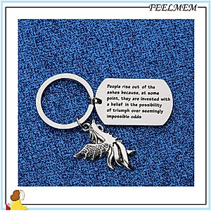 FEELMEM Inspirational Phoenix Keychain Phoenix Rising Rebirth Jewelry People Rise Out of The Ashes Fire Bird Jewelry for Break Up Gift Divorce Gift Cancer Survivor Recovery Gift (Phoenix Keychain)