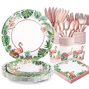 175Pcs Hawaiian Luau Party Decoration, Luau Plates and Napkins Party Supplies, Flamingo Plates for Party, Tropical Plates for Beach Theme Party Decoration, Serves 24 Guests