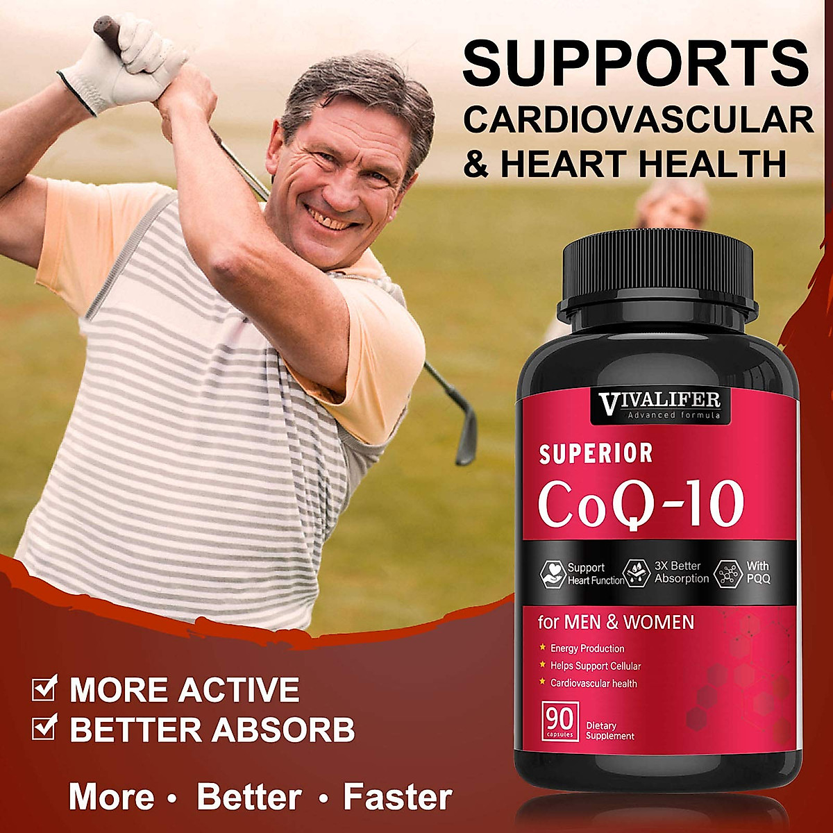 VIVALIFER CoQ10 300mg - High Potency Coenzyme Q10 Supplement for Antioxidant, Energy Production & Heart Function - 90 Softgels