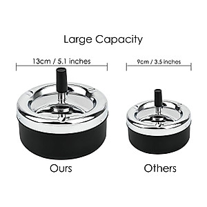 Round Push Down Ashtray with Spinning Tray Metal Cigarette Ash Tray Large 5.2 Inches Home Ashtray for Outside Patio - Black