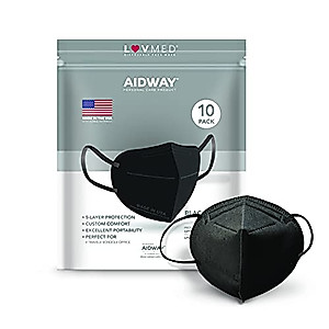 Aidway 5 Layer Face Mask Made In USA Pack of 10 Masks (Black)