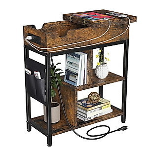 GarveeHome End Table with Charging Station, Flip Top Side Table with USB Ports and Outlets, Bedside Table with Storage Shelft, Narrow Nightstand for Living Room Bedroom Small Spaces, Brown