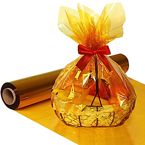 SYOGUA 34in x 100ft Gold Cellophane Wrap Roll, Transparent Gold Cellophane Roll, Halloween Cellophane Paper, Colored Cellophane Wrapping Plastic for Gift Baskets, Christmas Treats, Gold Party