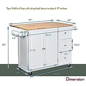 GLACER Kitchen Island Cart on Wheels, Rolling Kitchen Island with Drop Leaf Top, Kitchen Trolley Cart with Drawers, Towel Rack & Bottle Rack, 53.5 x 30 x 36 inches (White)