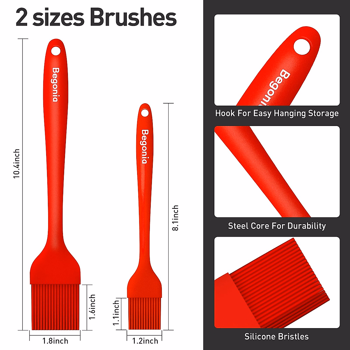 Pastry Brush-Begonia Silicone Basting Brush for Cooking,2pcs 10+8 in Heat Resistant Food Brushes for Baking, Grilling, Cooking and Spreading Oil, Butter, BBQ Sauce, or Marinade Red,A-11