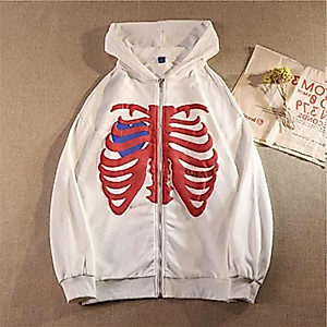 MARLLCO Skeleton Zip Up Hoodie Y2k Skeleton Sweatshirt Jacket Skeleton Hoodies for Men Women Thoracic Heart Skull Hoodie (White,XXL)