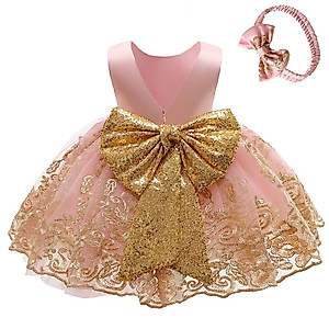 0-6T Big Bowknot Sequins Embroidered Lace Party Tutu Gown Toddler Baby Girls Dress with Headwear Easter Ball Gown Dress Pink 80