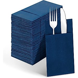 Linen-Feel Navy Blue Paper Napkins, 50 Pcs Cloth Like Dinner Napkins with Built-in Flatware Pocket, Pre-Folded Absorbent Napkins Disposable Guest Paper Hand Towels for Bathroom, Weddings Party Napkins