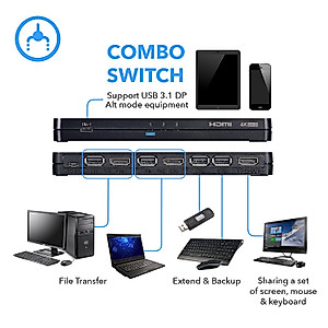 OREI 3 Port KVM Switch 4K@60Hz, 1 USB-C DP Input, 2 HDMI Inputs & 4 USB 2.0 Ports to Connect Flash Drives, Printers and Keyboard-Mouse (UKM-301C)