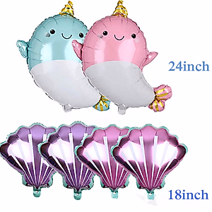 Narwhal Birthday Party Supplies Kit, Narwhal Theme Birthday Decorations Include Narwhal Ballons, Narwhal Theme Cupcake Topper and Blue Birthday Banner Set for Kids Ocean Theme Birthday Party