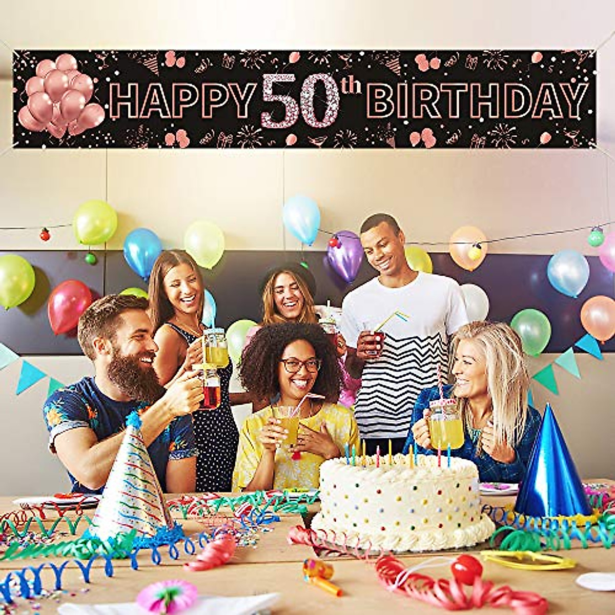 Pimvimcim Happy 50th Birthday Banner Decorations - Rose Gold Large 50th Birthday Party Sign - 50th Birthday Party Decorations Supplies for Women - 50 Years Old Birthday Photo Booth Backdrop(9.8x1.6ft)