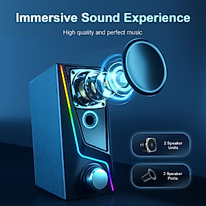 Computer Speakers, PC Speakers with 6 Colorful LED Modes, USB Powered Computer Speakers for Desktop with 2 Bass-Boost Ports, 2 Speaker Units and 3.5mm Aux-in Cable for PC, Laptop, Tablet, Phone