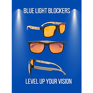 Blue Light Blocking Glasses and Wood Case - UV Protection Sunglasses with Anti-Glare Coating - Ideal for Computer Work, Gaming, and Night Driving - Reduce Eye Strain and Improve Sleep for Adults