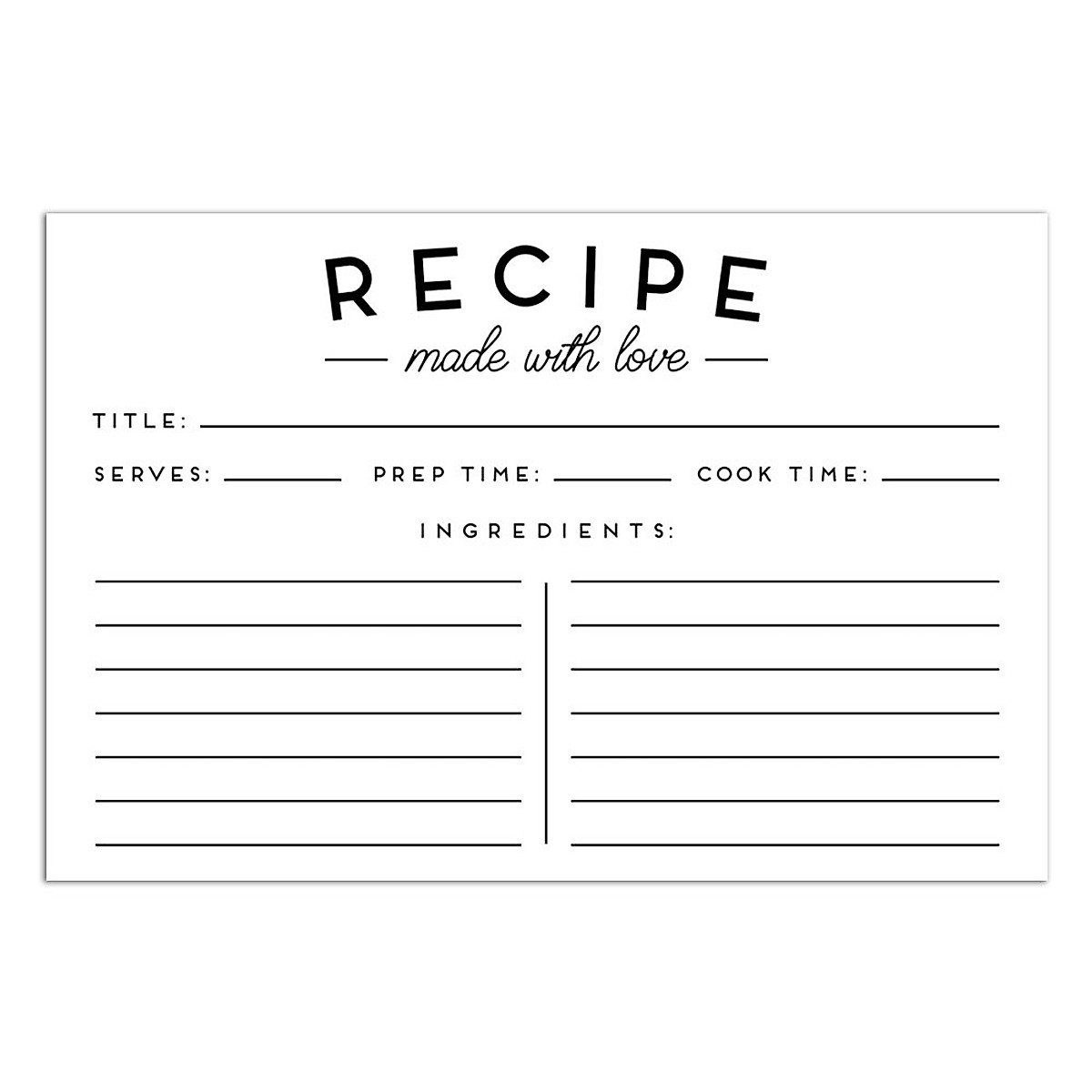Set of 50 Premium Recipe Cards - 4x6 Double Sided - Black and White Modern Style