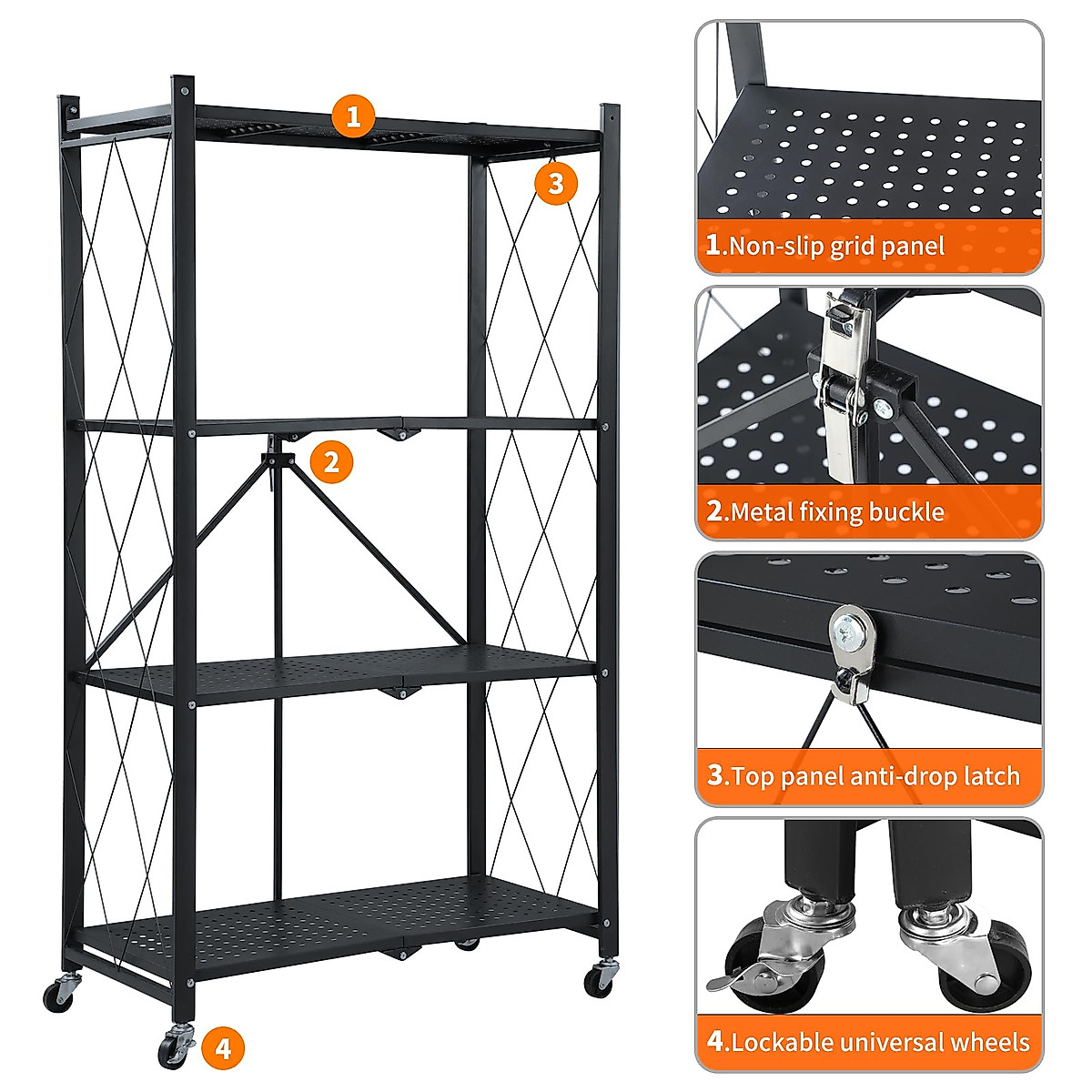 JOYBOS 4-Shelf Foldable Storage Shelves with Wheels, Heavy Duty Metal Shelving, No Assembly Organizer Wire Shelf Rack for Garage Kitchen, Basement, Pantry, Holds up to 1000 pounds…