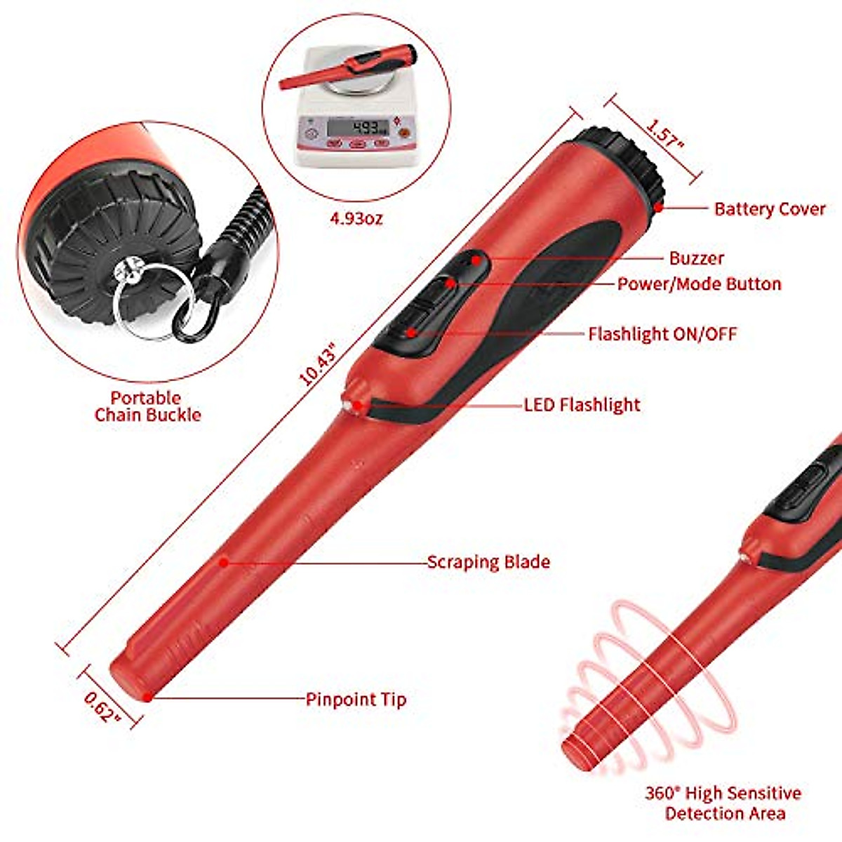 Fully Waterproof Portable Pinpointing Gold Metal Detector with LED Flashlight, 360 Degree Searching Pinpointer, IP68 Underwater to 5m/16.4feet Treasure Hunter for Adults and Kids, Three Modes, Red