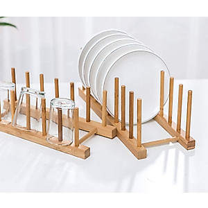 Lawei 4 Pack Bamboo Wooden Dish Rack - Plate Rack Stand Pot Lid Holder, Kitchen Cabinet Organizer for Bowl, Cup, Cutting Board and More