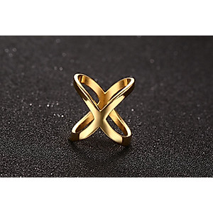 MEALGUET Gold Plated Stainless Steel X Criss Cross Statement Ring for Women Stackable Gold-tone Fashion Party Cocktail Rings Wide Band,size 9