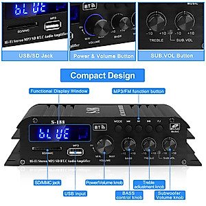 Bluetooth Audio Power Amplifier S188 2.1CH 40Wx2+50W Output Hi-Fi Subwoofer Amplifier Integrated Mini Stereo Amp Receiver W/USB,AUX,Remote Control for Home Car Speakers