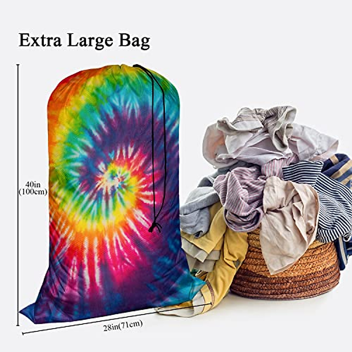 Swono Tie Dye Laundry Bag Drawstring Closure Colorful Psychedelic Rainbow Abstract Pattern Heavy Duty Laundry Portable for Home Dorm Room Essentials for Travel Camp, Oxford Cloth, Spiral