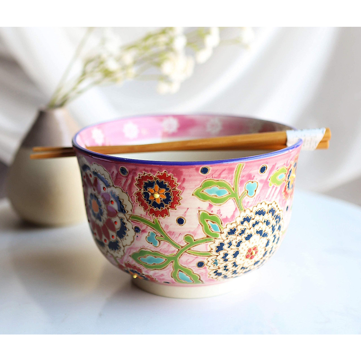 Ebros Mandala Floral Blooms With Pink Polkadot Art Splash Ramen Udon Noodles Large 6.25" Diameter Soup Bowl With Built In Rest and Bamboo Chopsticks Set for Rice Pasta Salad