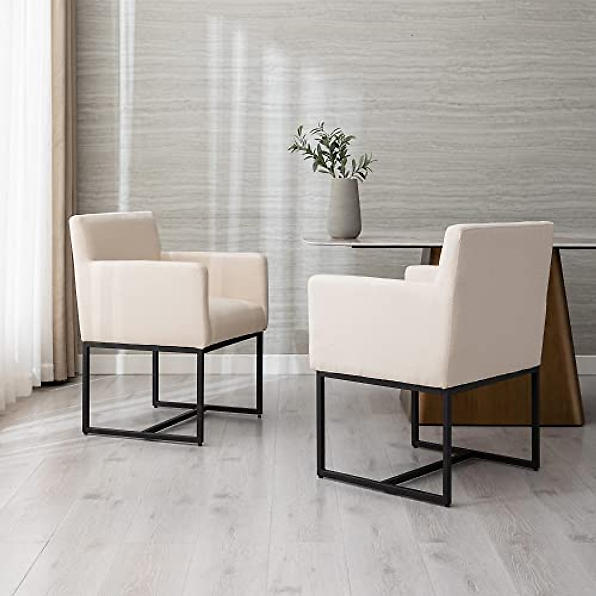 Wahson Set of 2 Linen Upholstered Modern Dining Chair with Arm, Contemporary Dining Room Chair with Black Metal Base, Cream Linen & Black Legs
