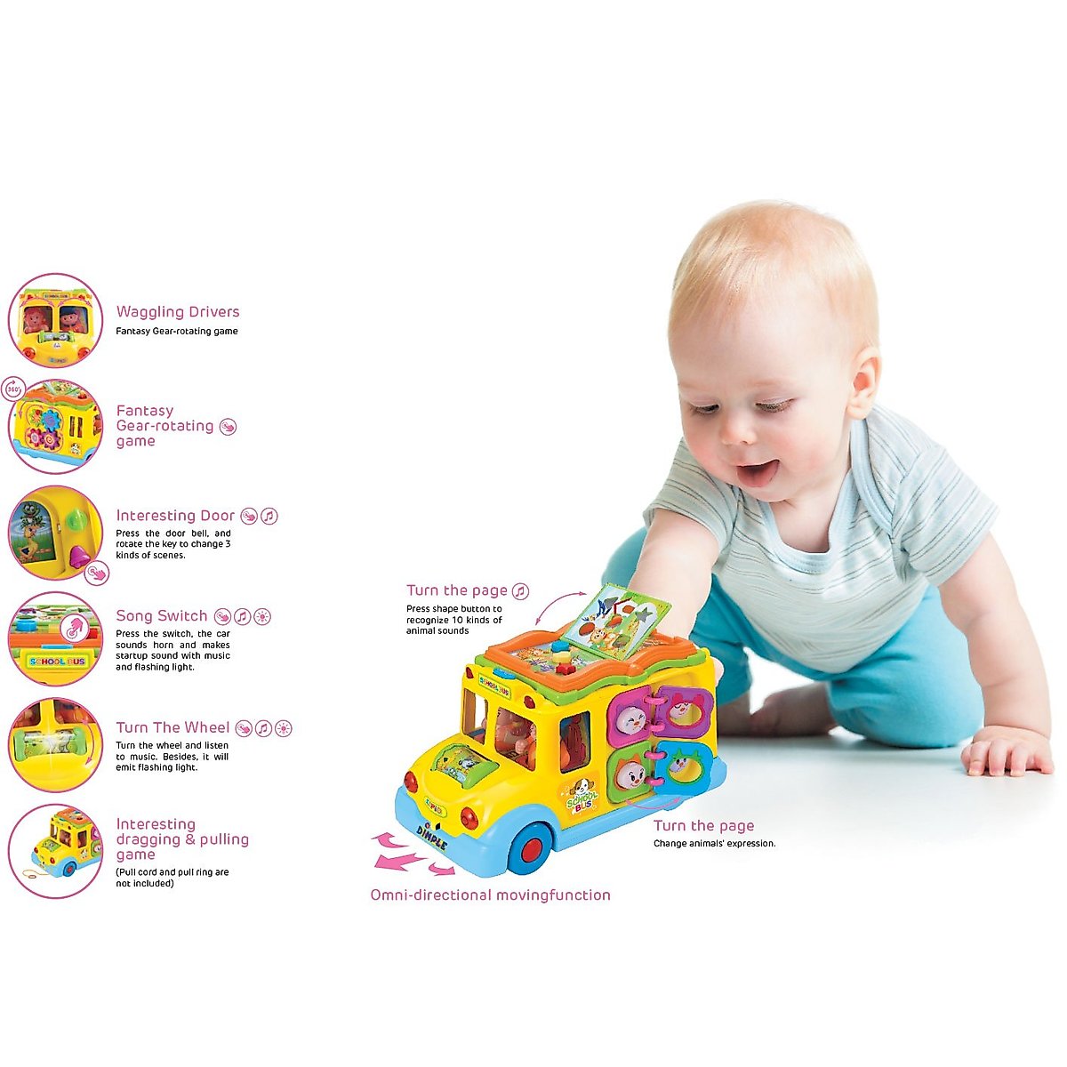 Dimple Educational Interactive School Bus Toy with Tons of Flashing Lights, Sounds, Responsive Gears and Knobs to Play with, Tons of Fun for Toddlers for Kids (Single)