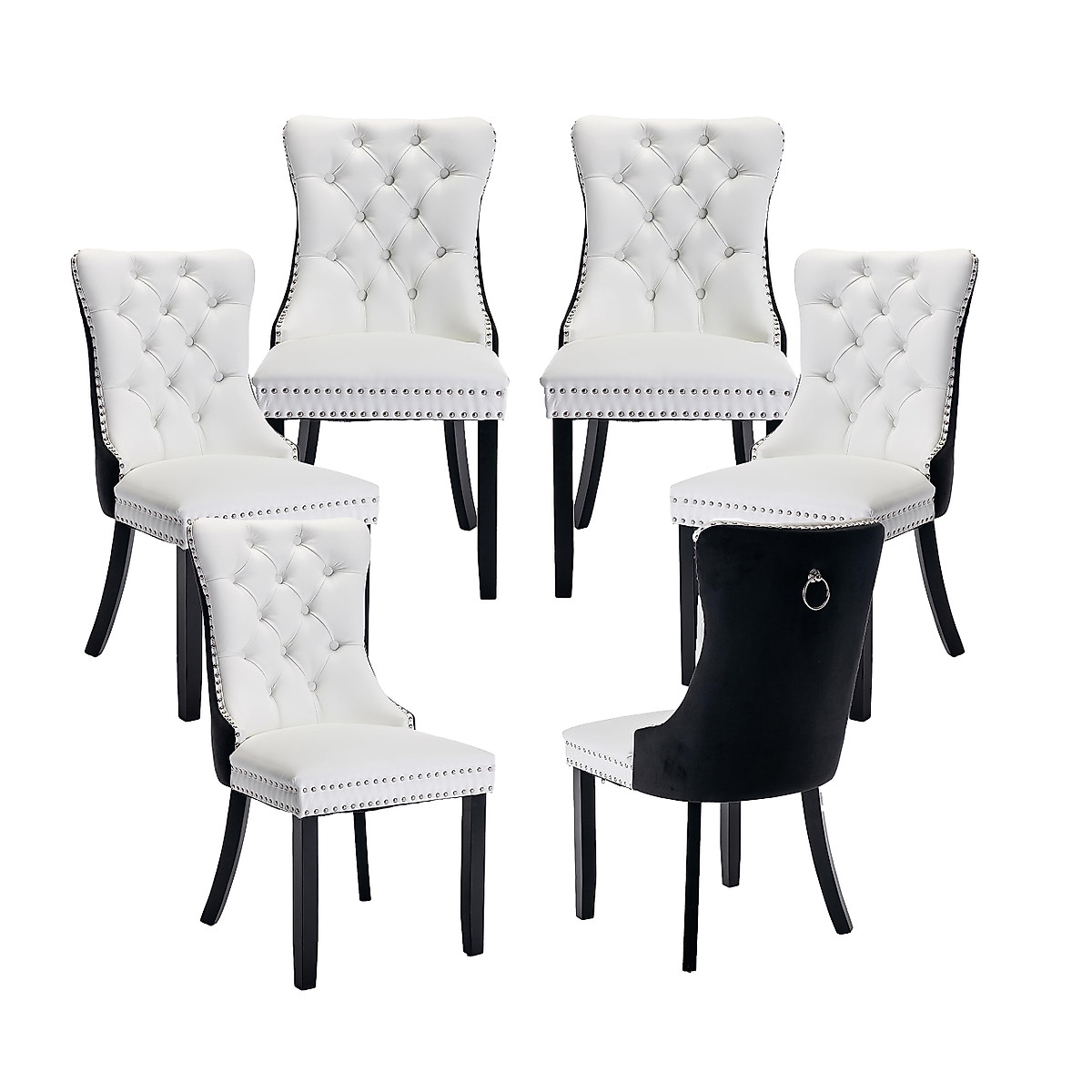 LKTART Dining Chairs Set of 6 PU and Velvet Upholstered Tufted Back with Nailhead Trim and Back Ring Pull Solid Wood Legs for Kitchen Bedroom Dining Room White + Black