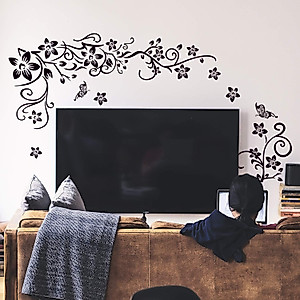 RW-027 Removable Black Vinyl Flower Vines Wall Decal Butterfly Wall Stickers Floral Wall Decor 3D Peel and Stick Art for Girls Bedroom Nursery Living Room Kids Babys Rooms Classroom Wall Decoration