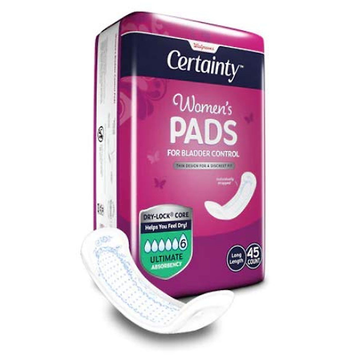 Walgreens Certainty Women's Bladder Control Pads Long Length Made for Your Naturally Soft Skin Thin Design for a Discreet fit 45 Pads