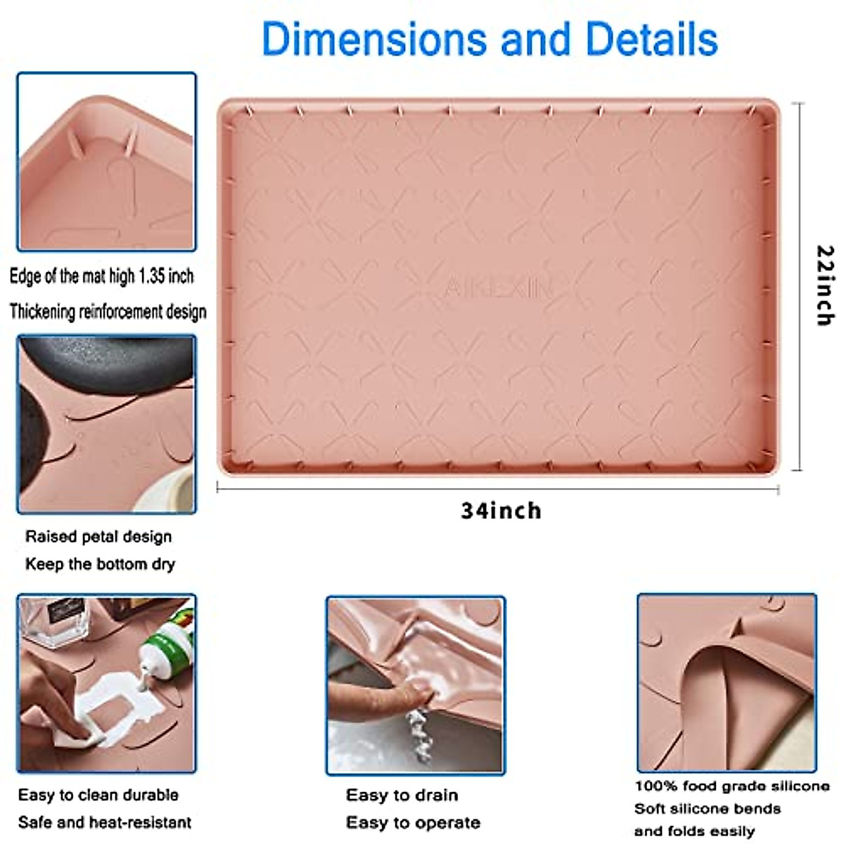 AIKEXIN Under Sink Mat for Kitchen Waterproof, 34" x 22" Silicone Under Sink Liner Drip Tray, Patent Design, Sink Cabinet Protector Mats for Kitchen & Bathroom Water Drips, Leaks, Spills (Brown）
