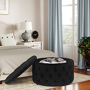 Homebeez 28 Inch Round Velvet Storage Ottoman, Button Tufted Footrest Stool Coffee Table for Living Room, Black