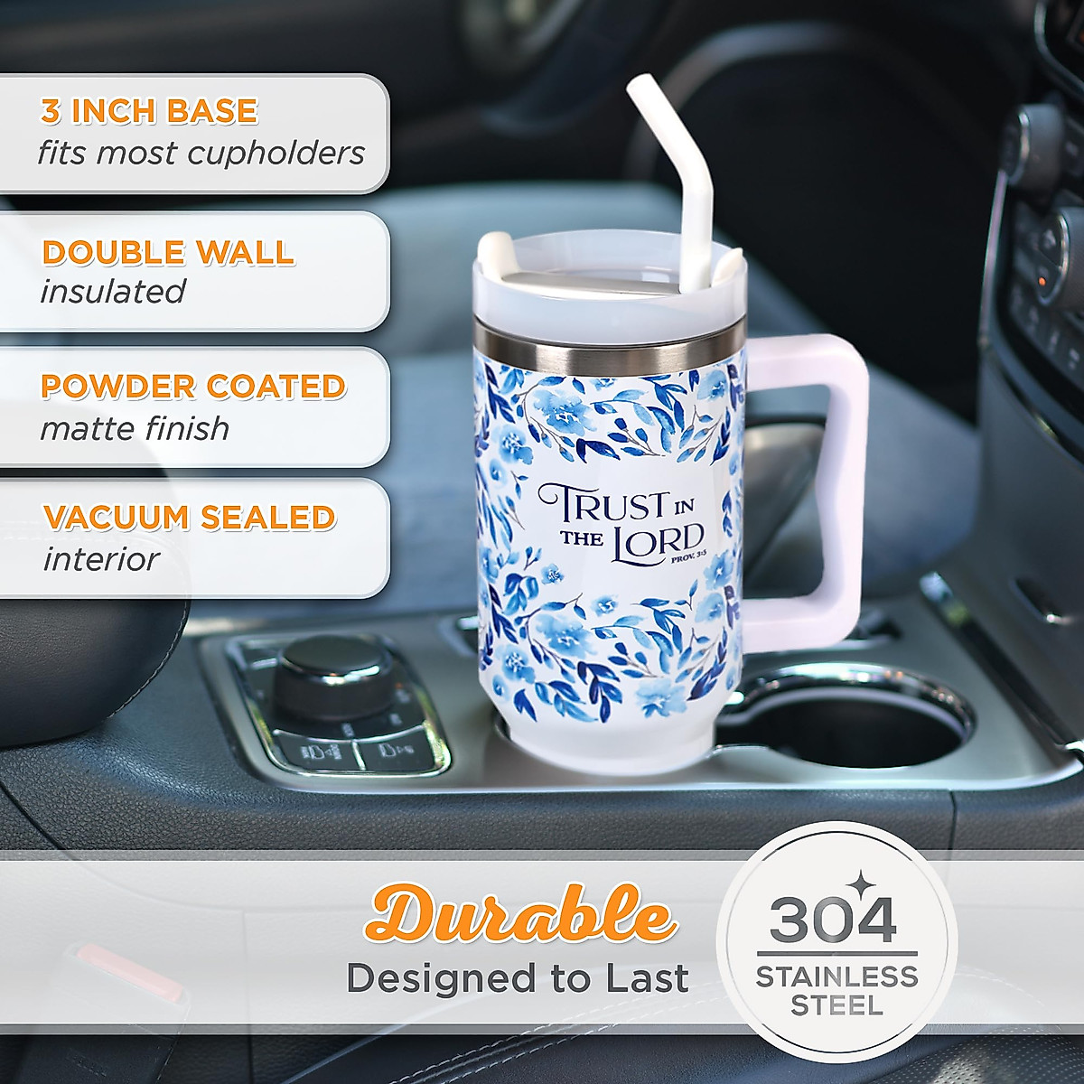 Christian Art Gifts Extra Large Double Wall Stainless Steel Insulated Travel Tumbler for Women: Trust in the Lord Uplifting Scripture, Twist Dial Lid, Reusable Straw & Tip, White & Blue Floral, 40 oz