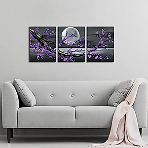 LoveHouse 3 Piece Purple Flower Tree Wall Art for Bedroom Cherry Blossom Tree in Full Moon Night Landscape Canvas Prints Artwork for Home Wall Decoration Ready to Hang 12x16inchx3pcs (Cherry Blossom)