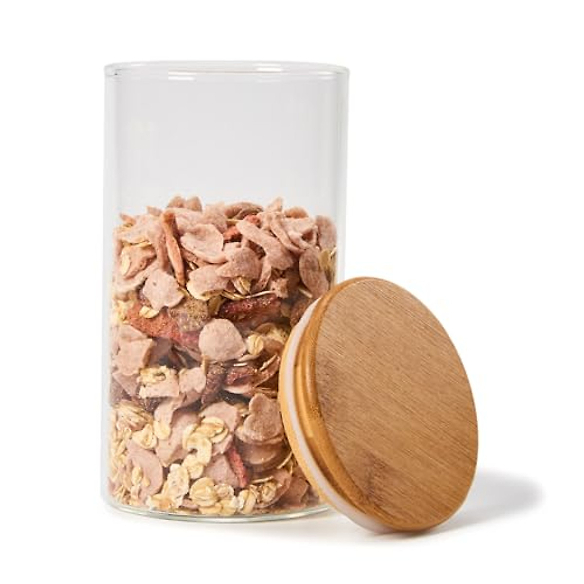 EZOWare 4 x Storage Jars Containers Organizer with Airtight Bamboo Wood Lid for Food Preservation Tea Coffee Sugar Flour Beans, Borosilicate Glass – 700 ml