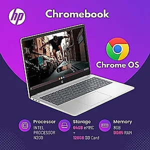 HP Chromebook 2023, 15.6" HD Display, Intel Processor N200 CPU(>i3-10110U,Upto 3.7 GHz), DDR5 8GB RAM - 64GB eMMc Storage + 128GB SD Card, HD Webcam, Numeric Keyboard, Long Battery, Chrome OS, Silver
