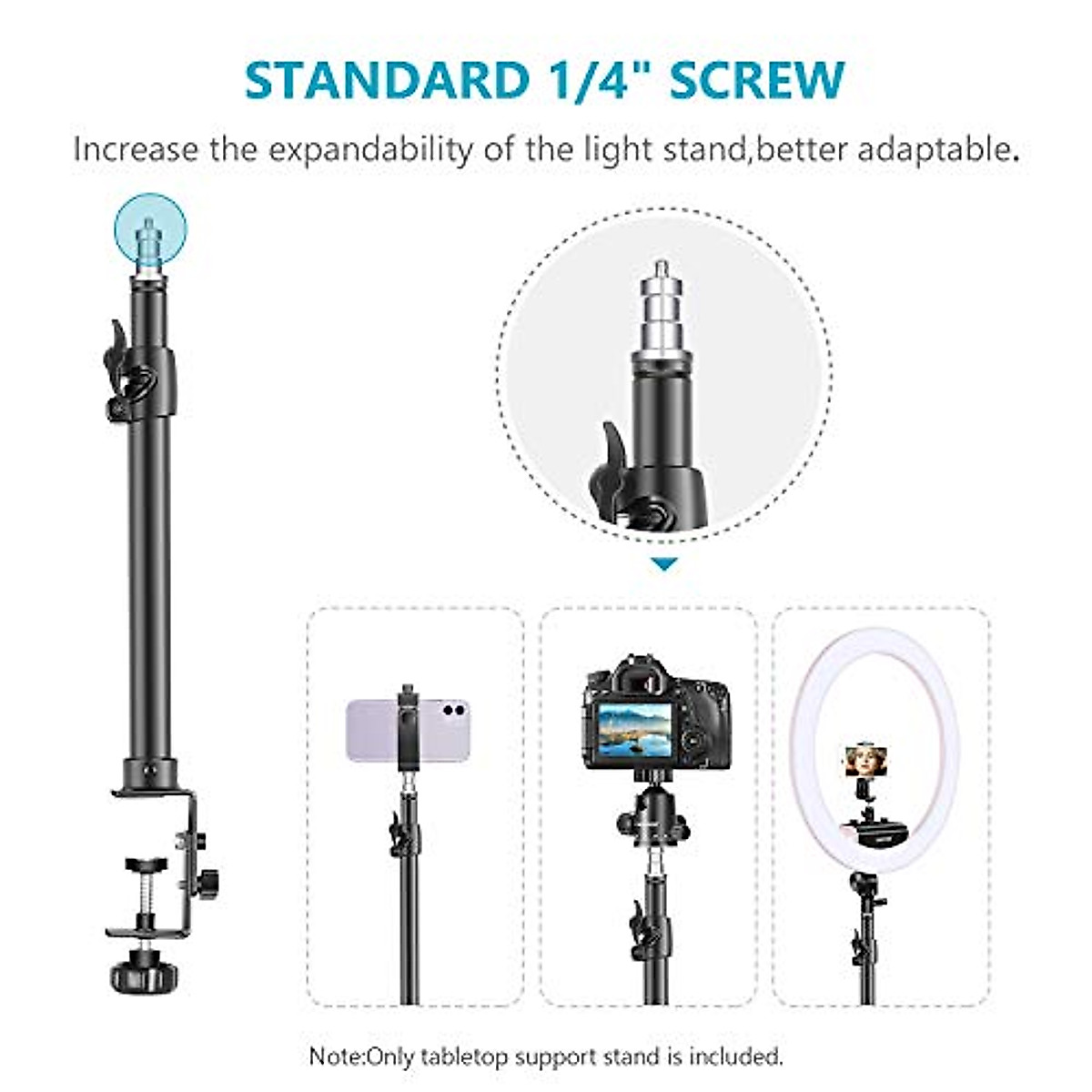 Neewer Tabletop Light Stand Clip Stand with 1/4inch Screw for Ring Light and LED Light, Aluminum Alloy, Adjustable 12.5-20.6 inches/32-52cm for Make Up, Live Streaming, Photo Video Shooting