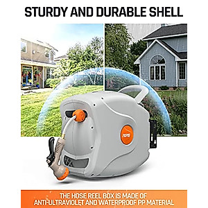 FIILPOW 100 FT 1/2" Retractable Garden Hose Reel, Any Length Lock, Heavy-Duty Wall Mounted Hose Reel with Automatic Rewind, Brass Connector, Adjustable Patterns, 180° Garden Watering & Car Washing