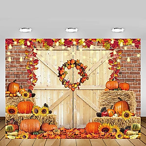 MEHOFOND Thanksgiving Fall Backdrop for Photography Autumn Pumpkin Baby Shower Decorations Thanksgiving Harvest Maple Leaves Sunflower Rustic Wood Background Party Supplies Photobooth Banner 7x5ft